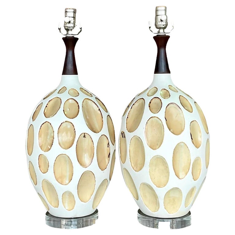 Vintage MCM Glazed Ceramic Crater Lamps, a Pair For Sale at 1stDibs