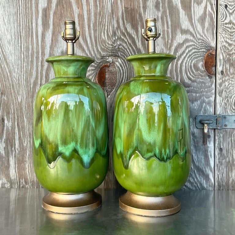 Vintage MCM Glazed Ceramic Lamps, a Pair For Sale at 1stDibs