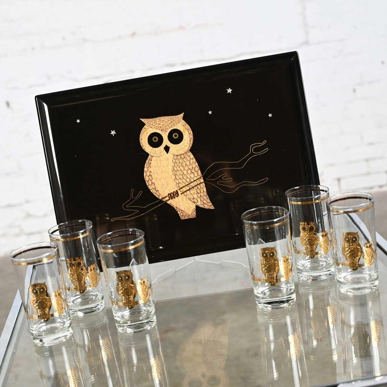 Vintage MCM Gold Embossed Culver Owl Glasses and Couroc Tray with Wood ...