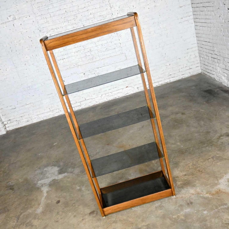 Vintage MCM Oak Frame and Smoked Glass Etagere Display Shelf Bookcase ...