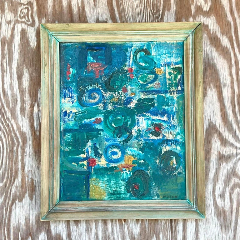 Vintage MCM Original Abstract Oil on Board Signed For Sale at 1stDibs