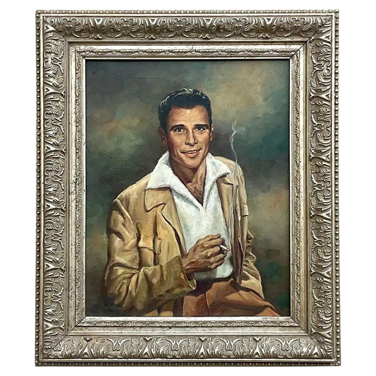 Vintage MCM Original Oil Portrait of Handsome Man For Sale at 1stDibs
