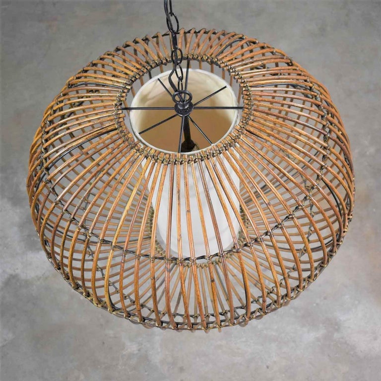 MCM Rattan Cage Pendant Chandelier with Interior Shade after Franco ...