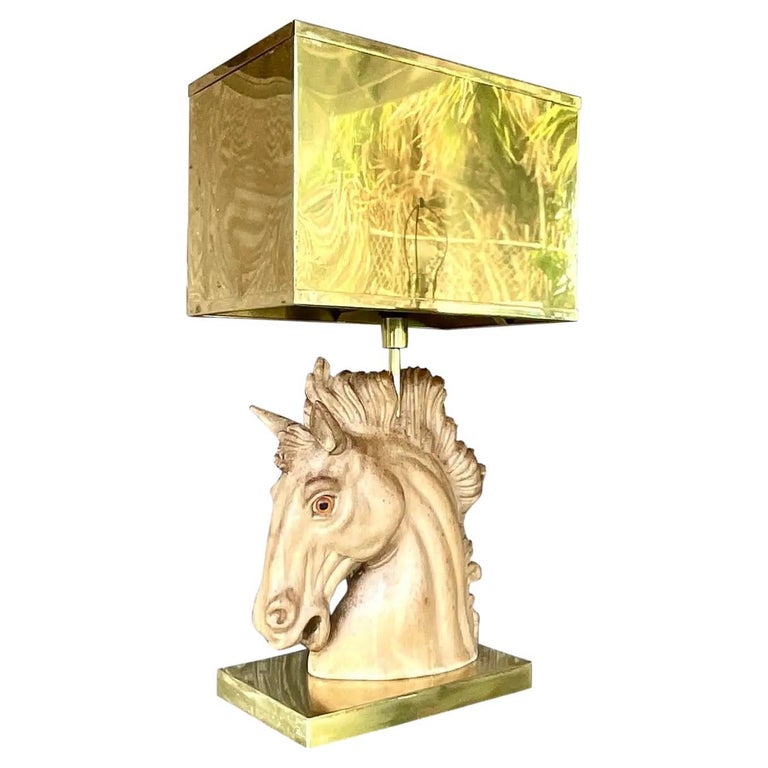 Vintage MCM Signed Wooden Horse Lamp With Brass Shade For Sale at 1stDibs