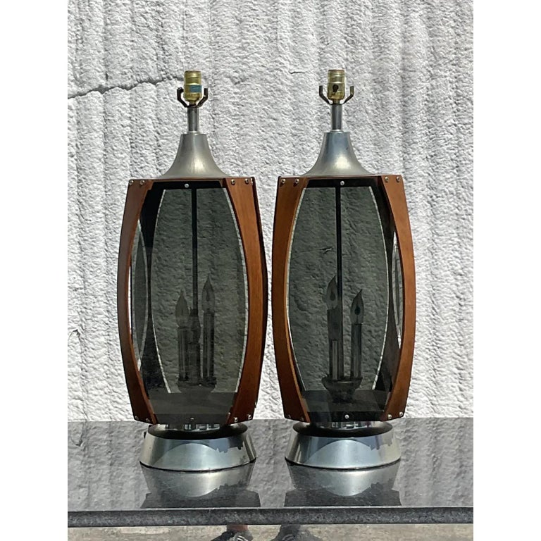 Vintage MCM Smoked Glass Table Lamps, a Pair For Sale at 1stDibs
