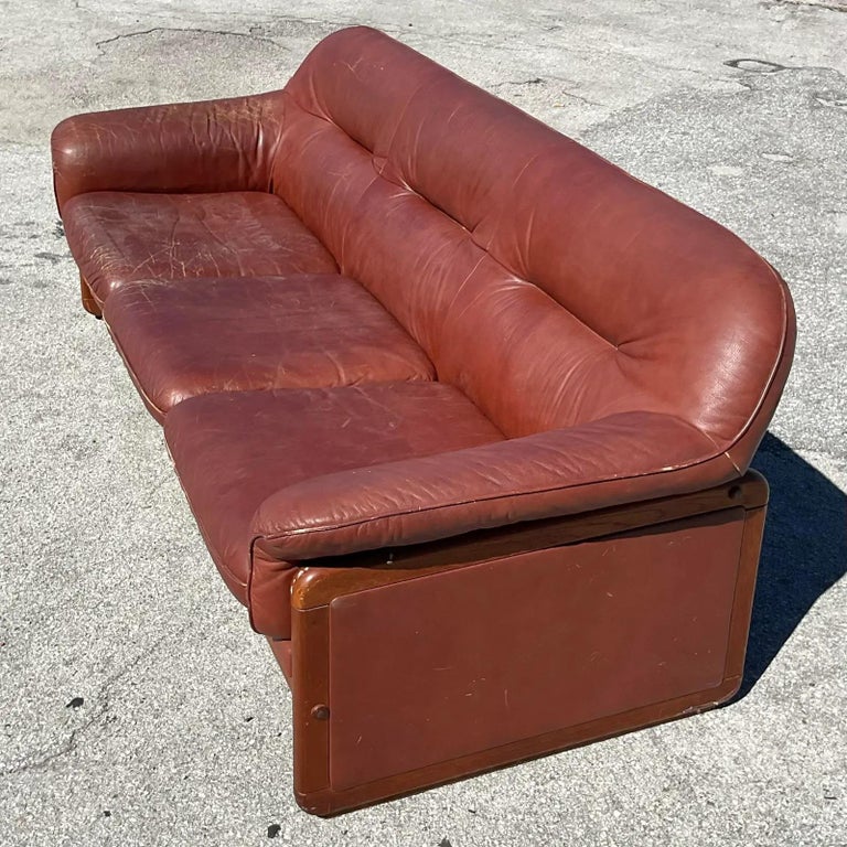Vintage MCM Wood Trimmed Leather Sofa For Sale at 1stDibs