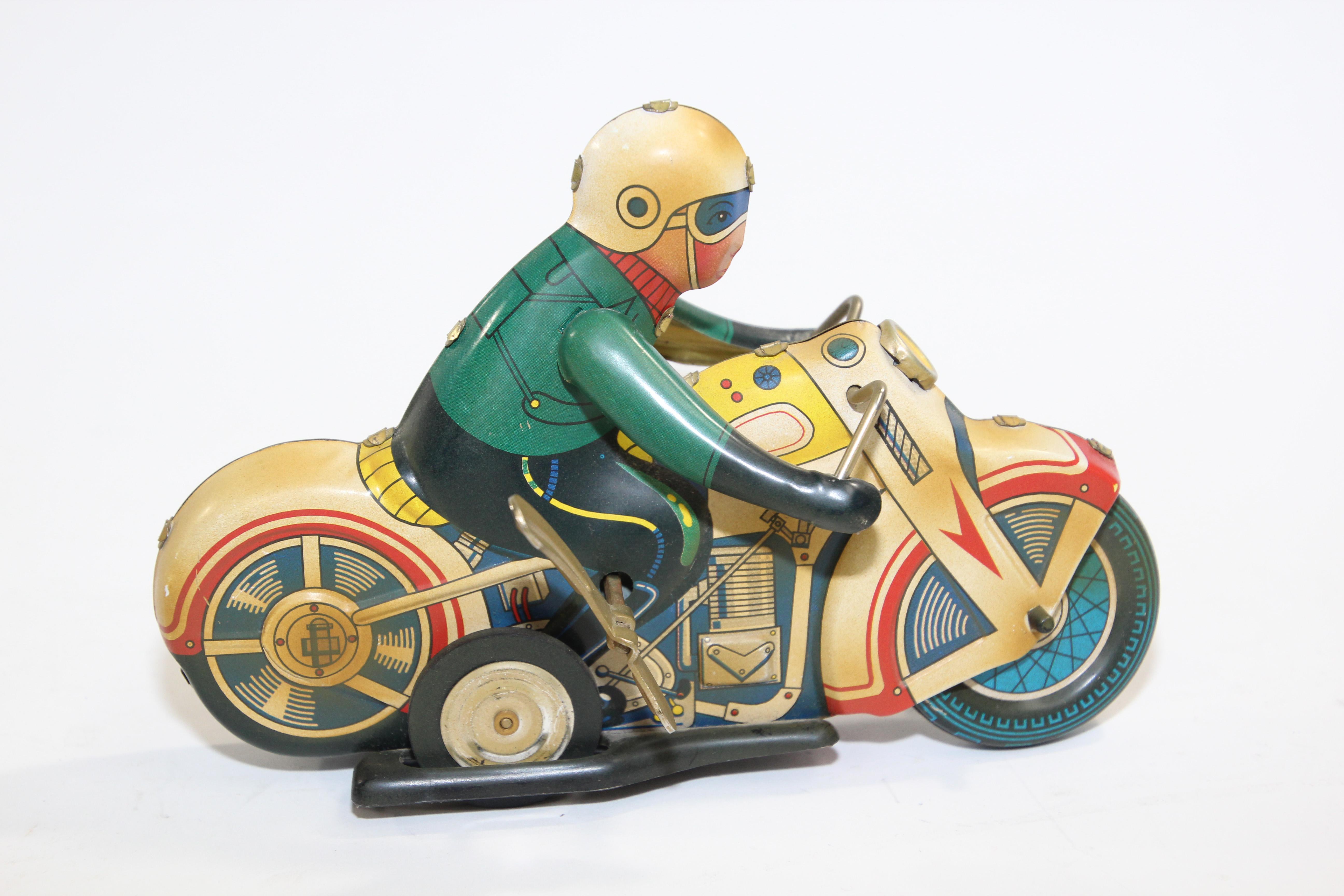 Vintage Mechanical Wind Up Tin Toy Motorcycle 1970' Collectible Toy at ...