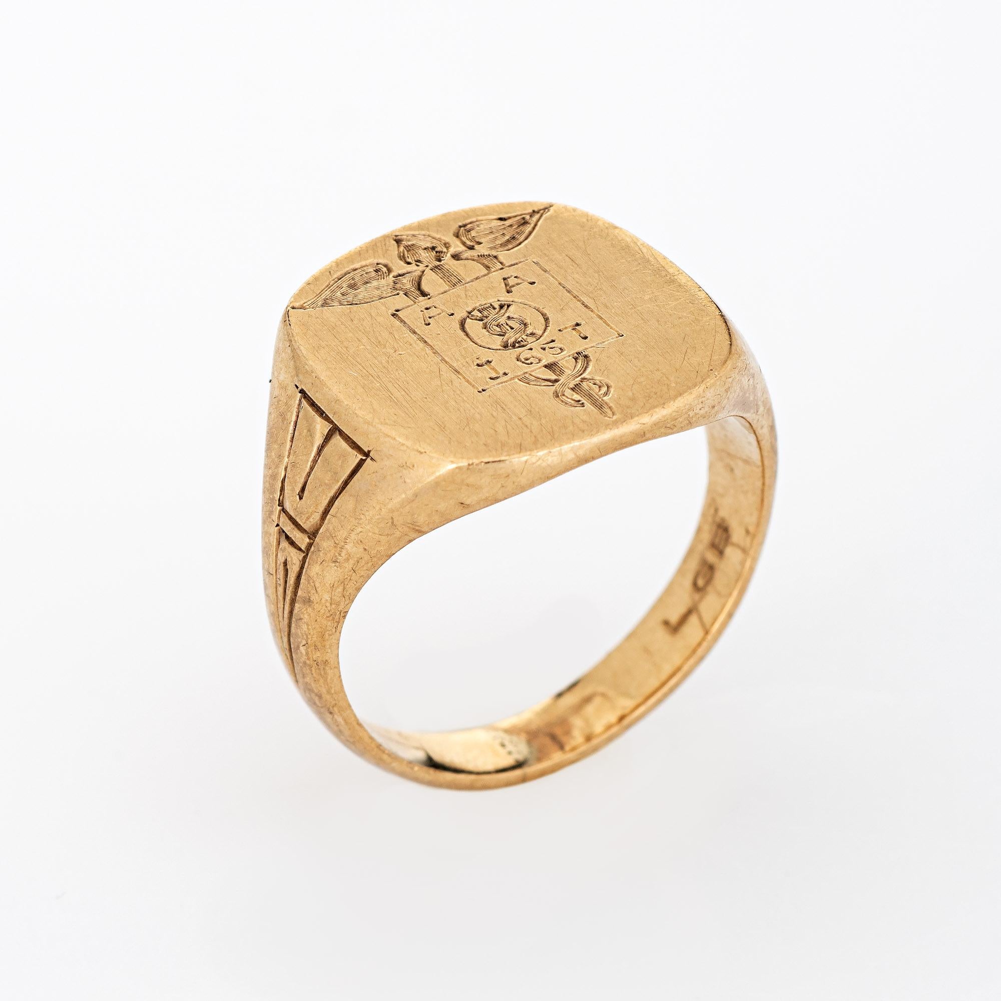 Vintage Medical Caduceus Ring C1965 10k Yellow Gold Signet Band at 1stDibs