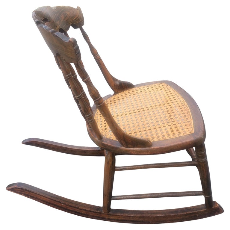 Vintage Medium Size Tiger Walnut and Cane Seat Rocking Chair For Sale ...