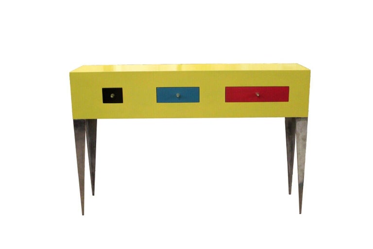 Vintage Memphis Style Yellow and Chrome Console Occasional Foyer Table ...