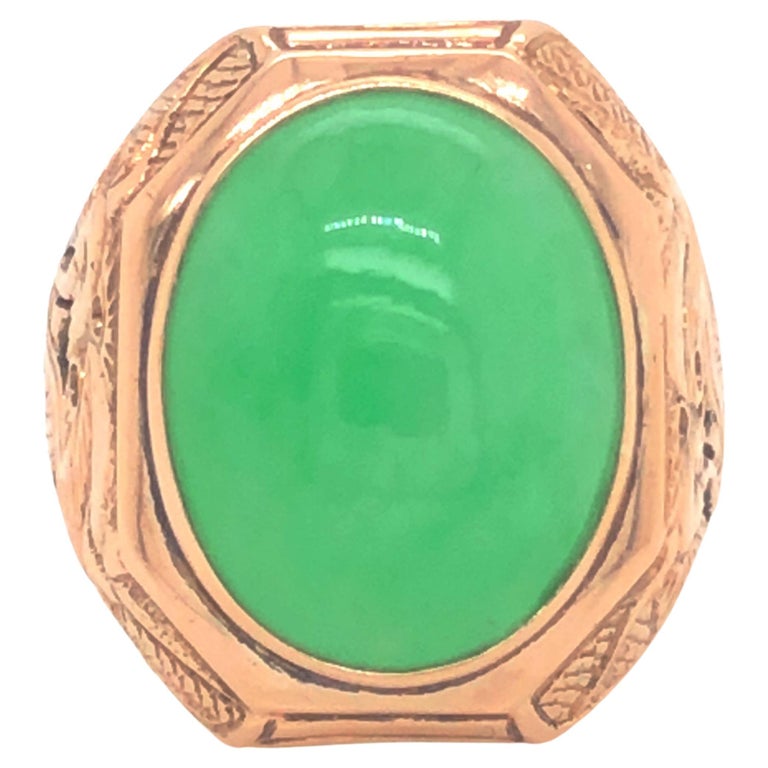 Vintage Men's Oval Green Jade Ring with Dragon Design in 14k Rose Gold ...