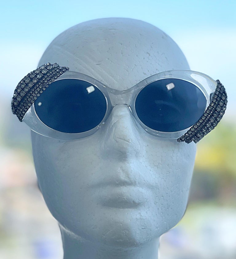 Vintage Mercura NYC Rihanna Clear + Rhinestone Jackie O 60s Style Sunglasses For Sale at 1stDibs
