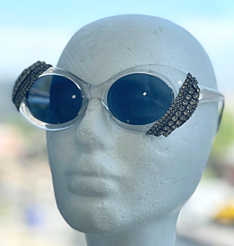 Vintage Mercura NYC Rihanna Clear + Rhinestone Jackie O 60s Style Sunglasses For Sale at 1stDibs