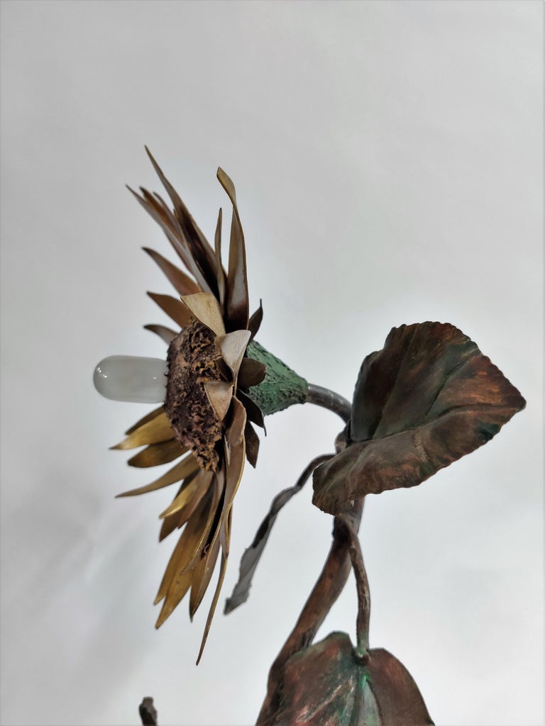 Vintage Metal and Bronze Sunflower Sculpture Lamp, 1970s Belgium at 1stDibs