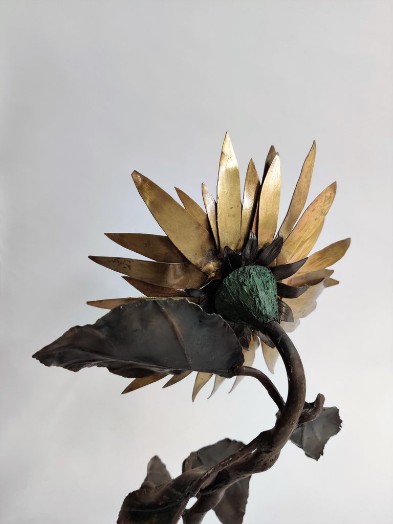 Vintage Metal and Bronze Sunflower Sculpture Lamp, 1970s Belgium at 1stDibs
