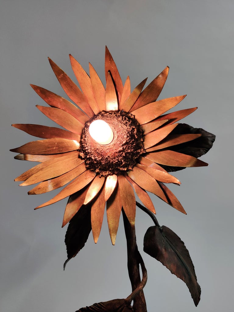 Vintage Metal and Bronze Sunflower Sculpture Lamp, 1970s Belgium at 1stDibs