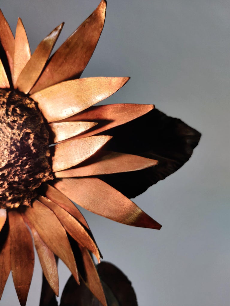 Vintage Metal and Bronze Sunflower Sculpture Lamp, 1970s Belgium at 1stDibs