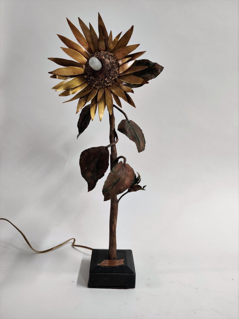 Vintage Metal and Bronze Sunflower Sculpture Lamp, 1970s Belgium at 1stDibs