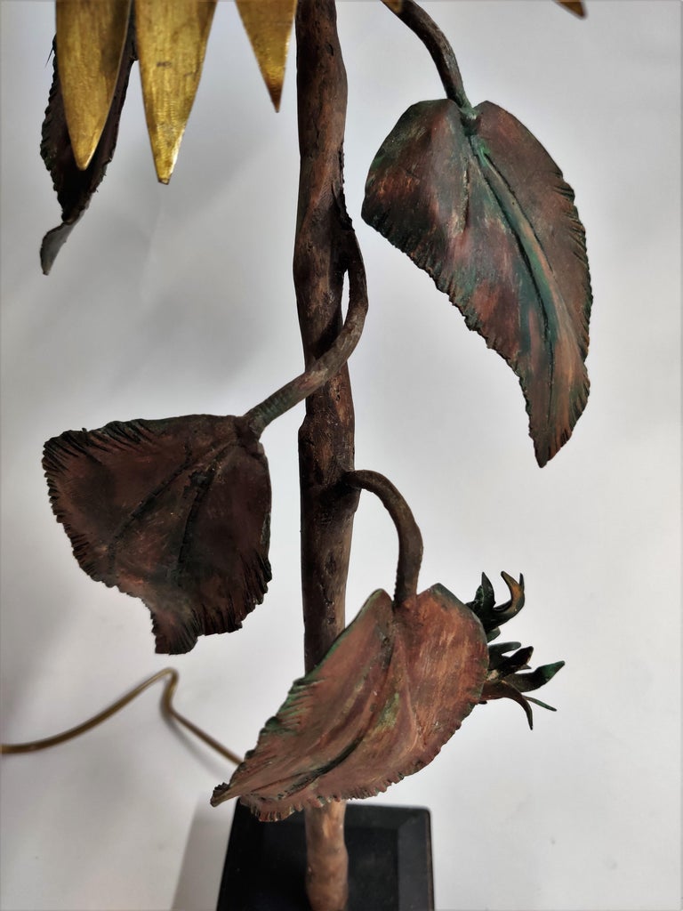 Vintage Metal and Bronze Sunflower Sculpture Lamp, 1970s Belgium at 1stDibs