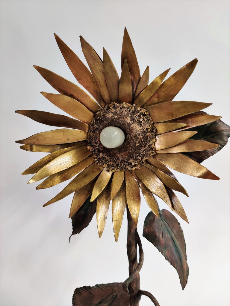 Vintage Metal and Bronze Sunflower Sculpture Lamp, 1970s Belgium at 1stDibs