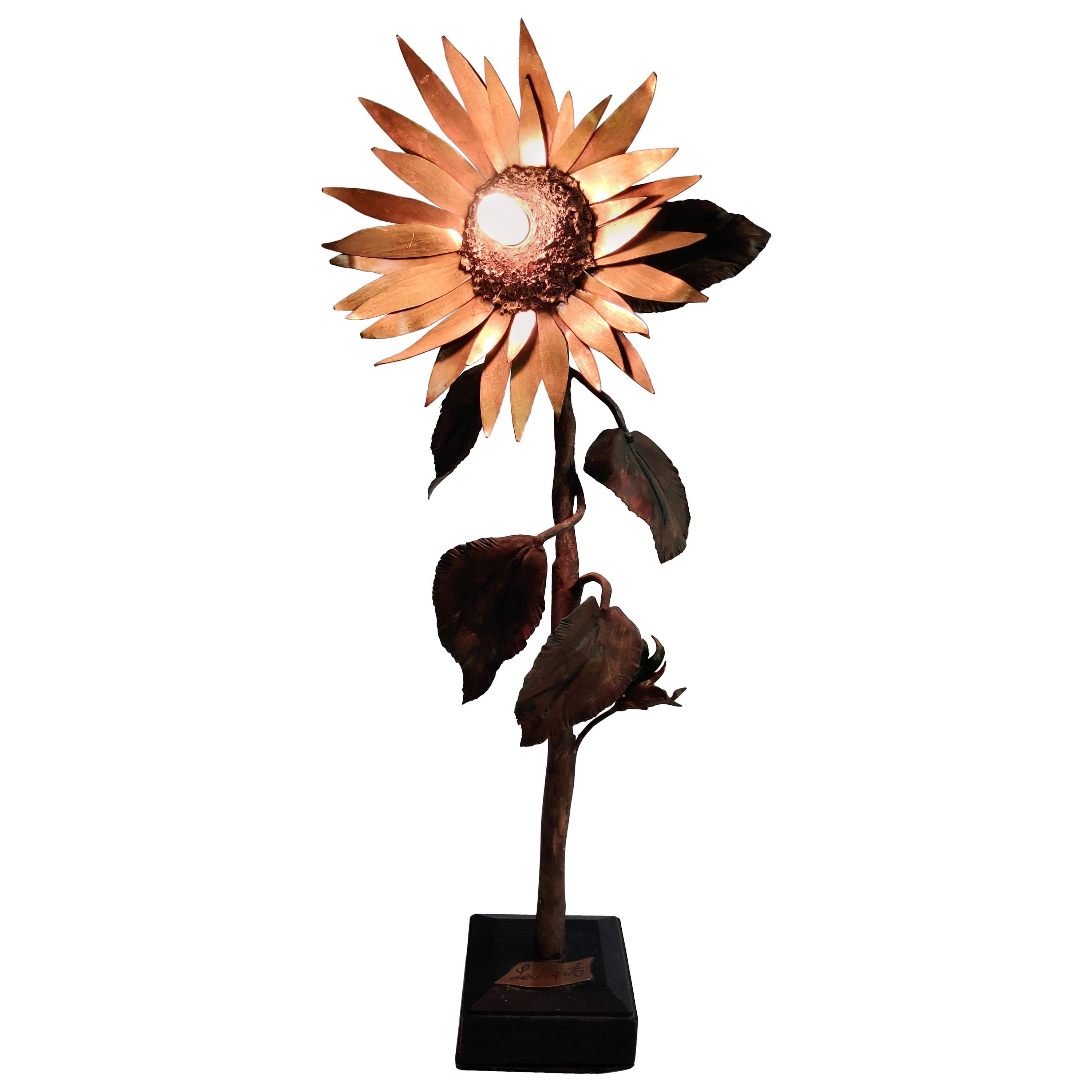 Vintage Metal and Bronze Sunflower Sculpture Lamp, 1970s Belgium at 1stDibs