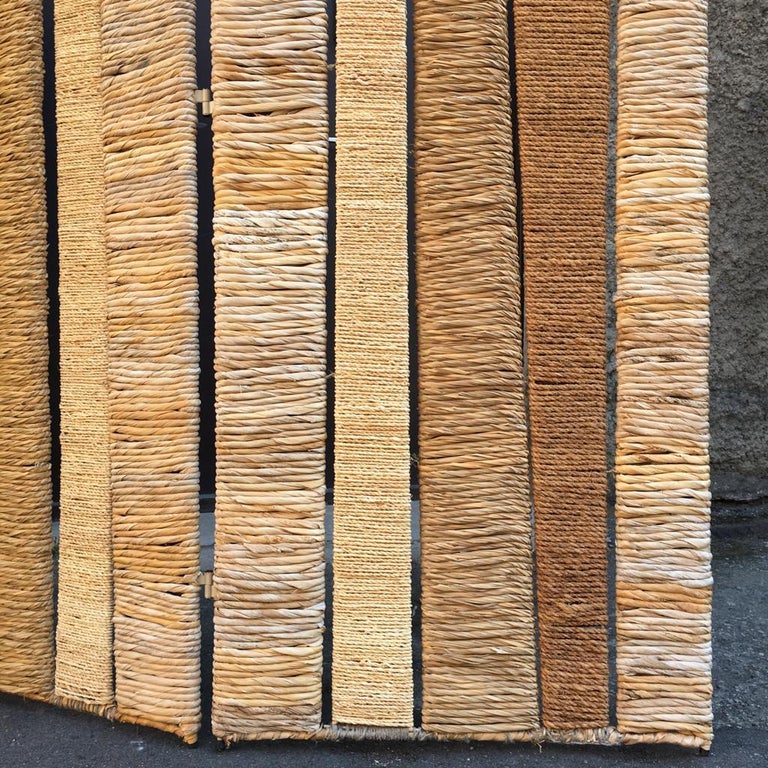 Vintage Metal and Wicker Folding Screen or Room Divider For Sale at 1stDibs