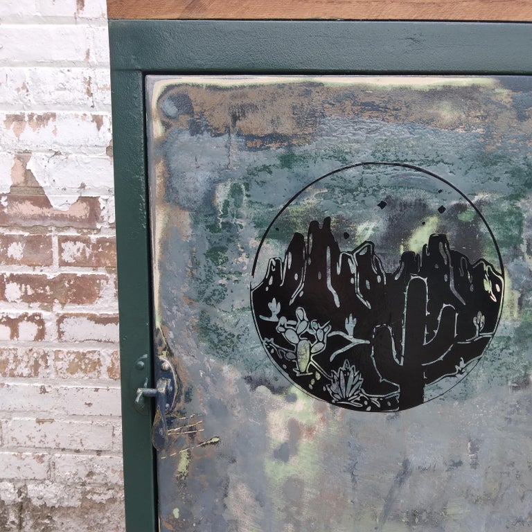 Vintage Metal and Wood Cabinet with Southwester Desert Cactus Motif For ...