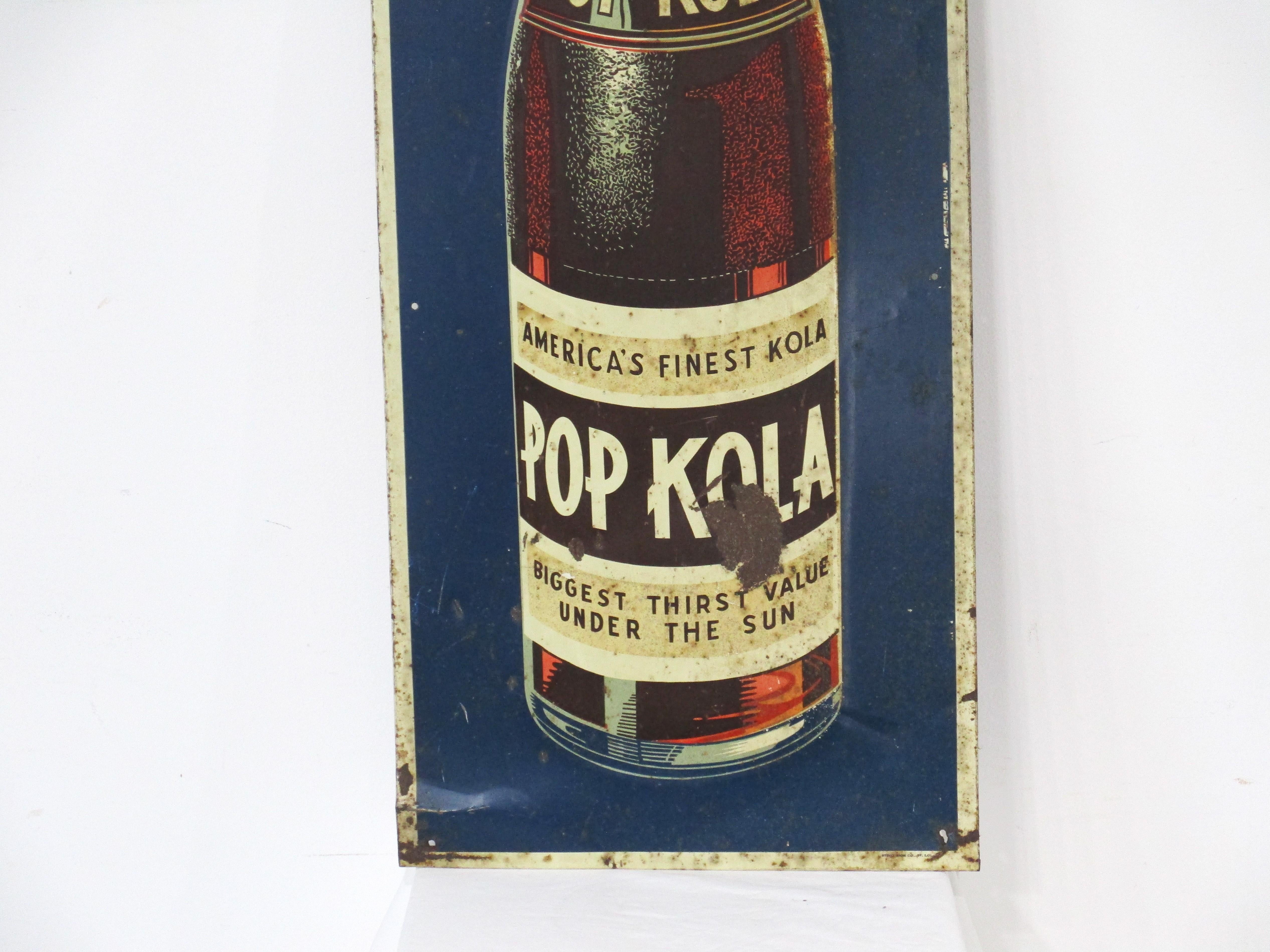 Vintage Metal Pop Kola Advertising Sign For Sale at 1stDibs