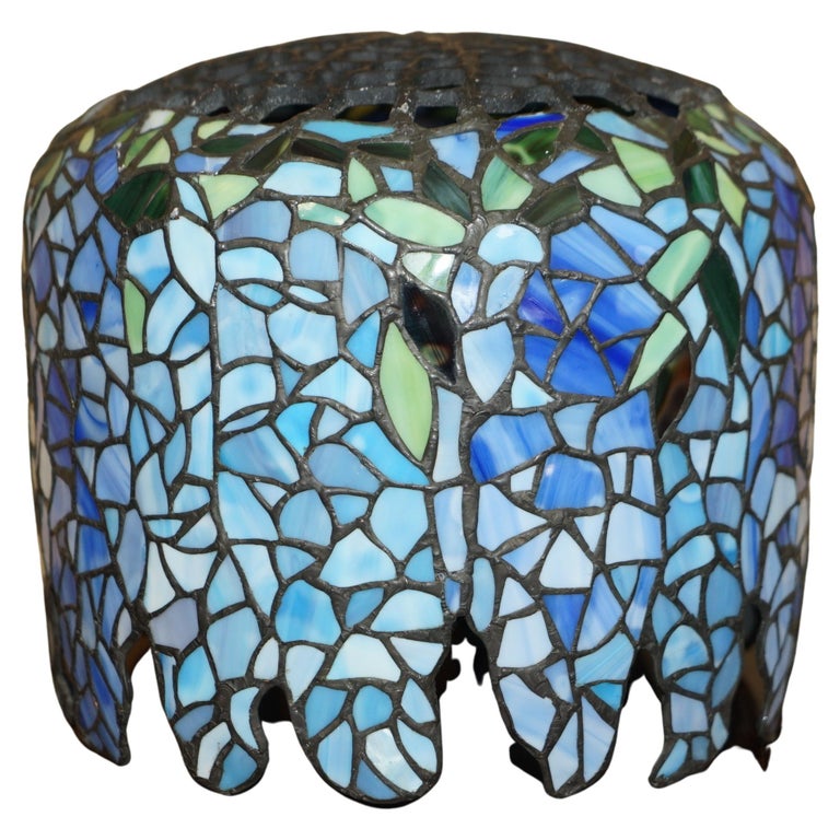 VINTAGE METAL STAiNED GLASS TIFFANY BLUE FLOWER STYLE LAMPSHADE For ...