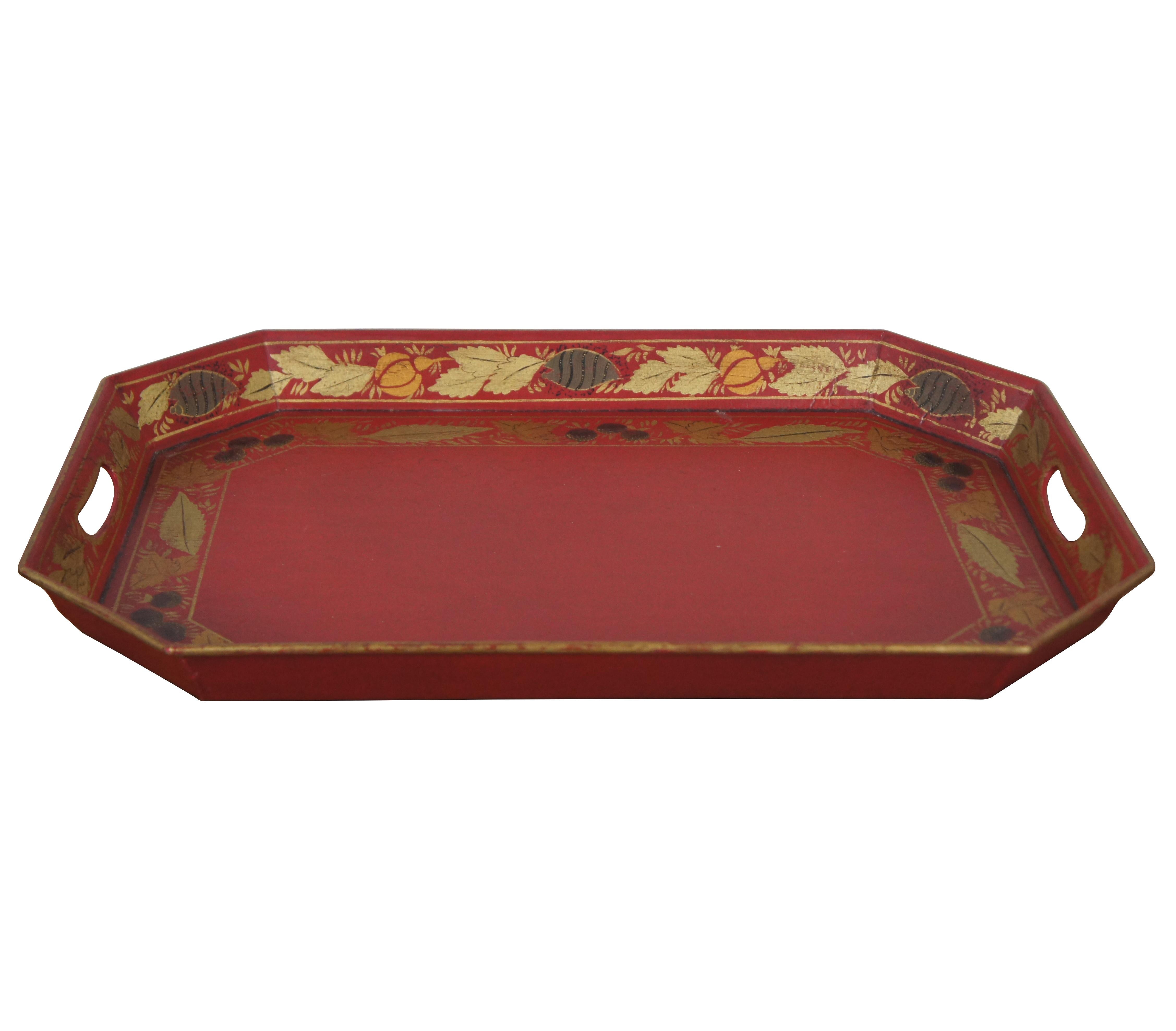 Vintage Metal Tole Painted Red and Gold Handled Serving Bar Vanity Tray ...