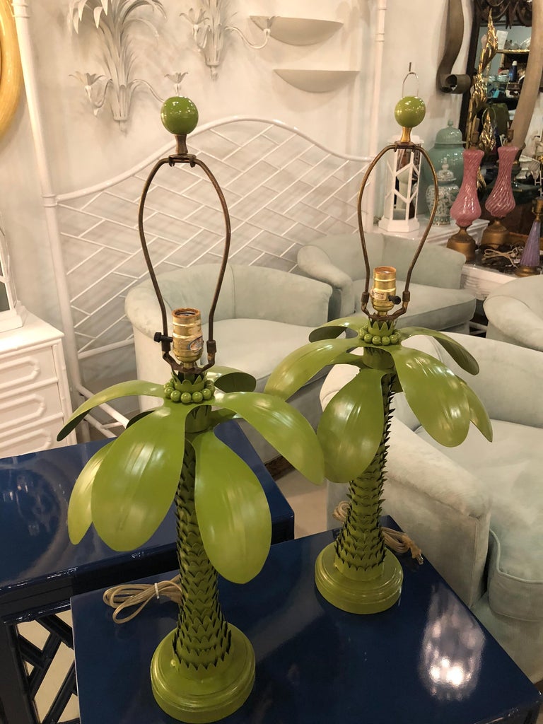 Vintage Metal Tole Palm Tree Leaf Leaves Table Lamps, Pair at 1stDibs