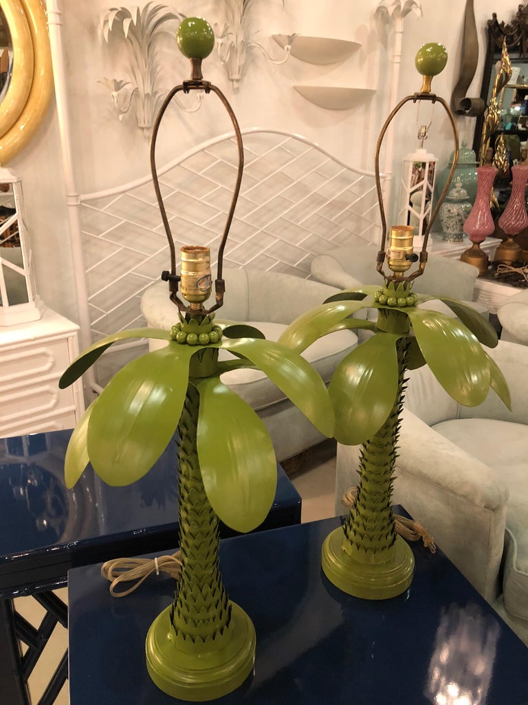 Vintage Metal Tole Palm Tree Leaf Leaves Table Lamps, Pair at 1stDibs