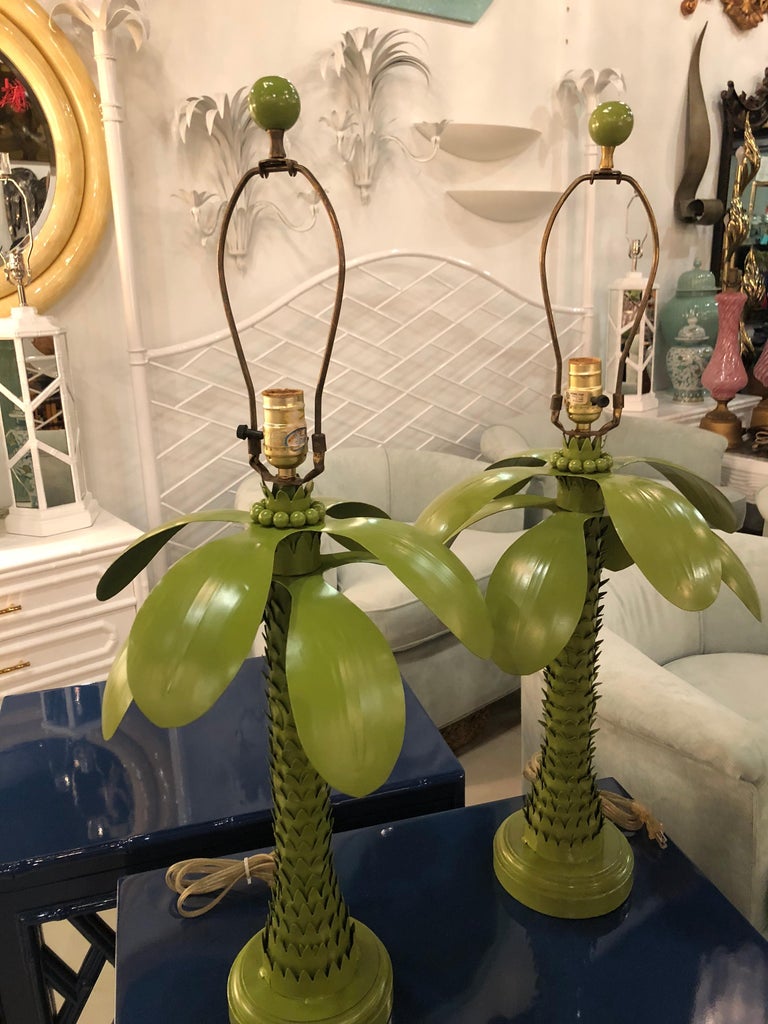 Vintage Metal Tole Palm Tree Leaf Leaves Table Lamps, Pair at 1stDibs
