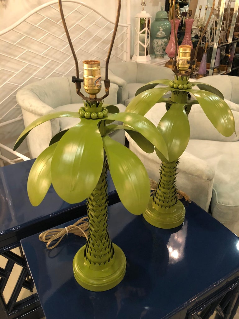 Vintage Metal Tole Palm Tree Leaf Leaves Table Lamps, Pair at 1stDibs