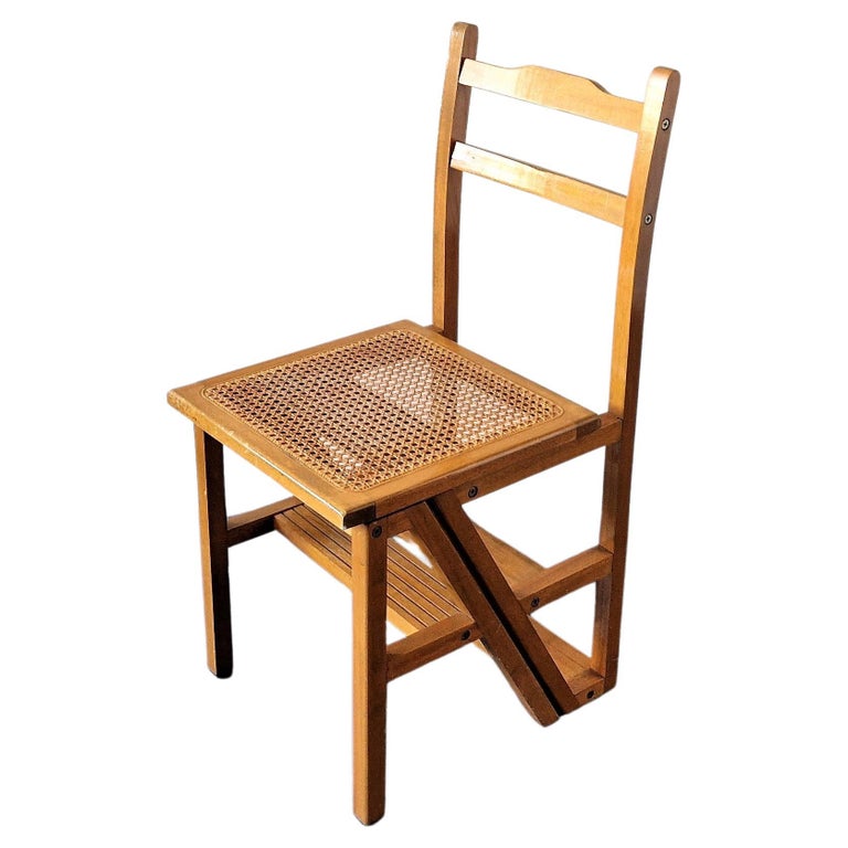 Vintage Metamorphic Step Chair with Wicker Seat For Sale at 1stDibs