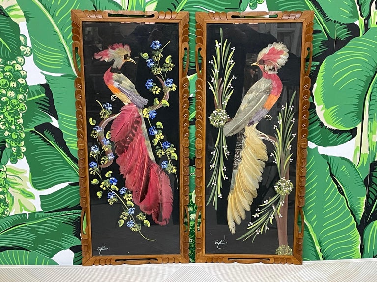 Vintage Mexican Feathercraft Framed Bird Feather Art, A Pair at 1stDibs