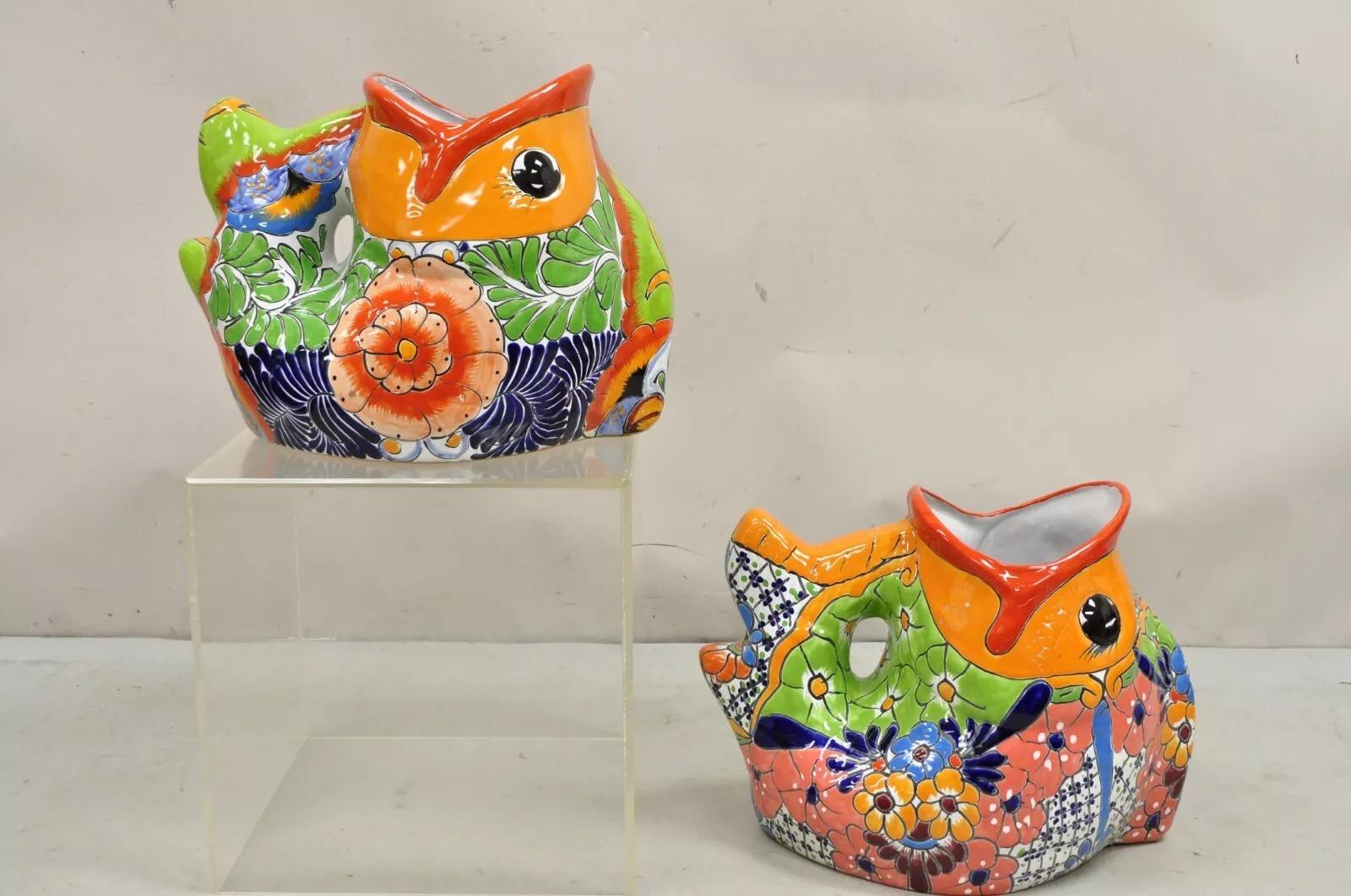 Vintage Mexican Talavera Blue Orange Hand Painted Pottery Fish Planters ...