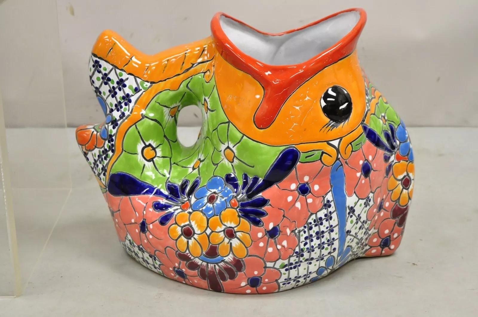 Vintage Mexican Talavera Blue Orange Hand Painted Pottery Fish Planters ...