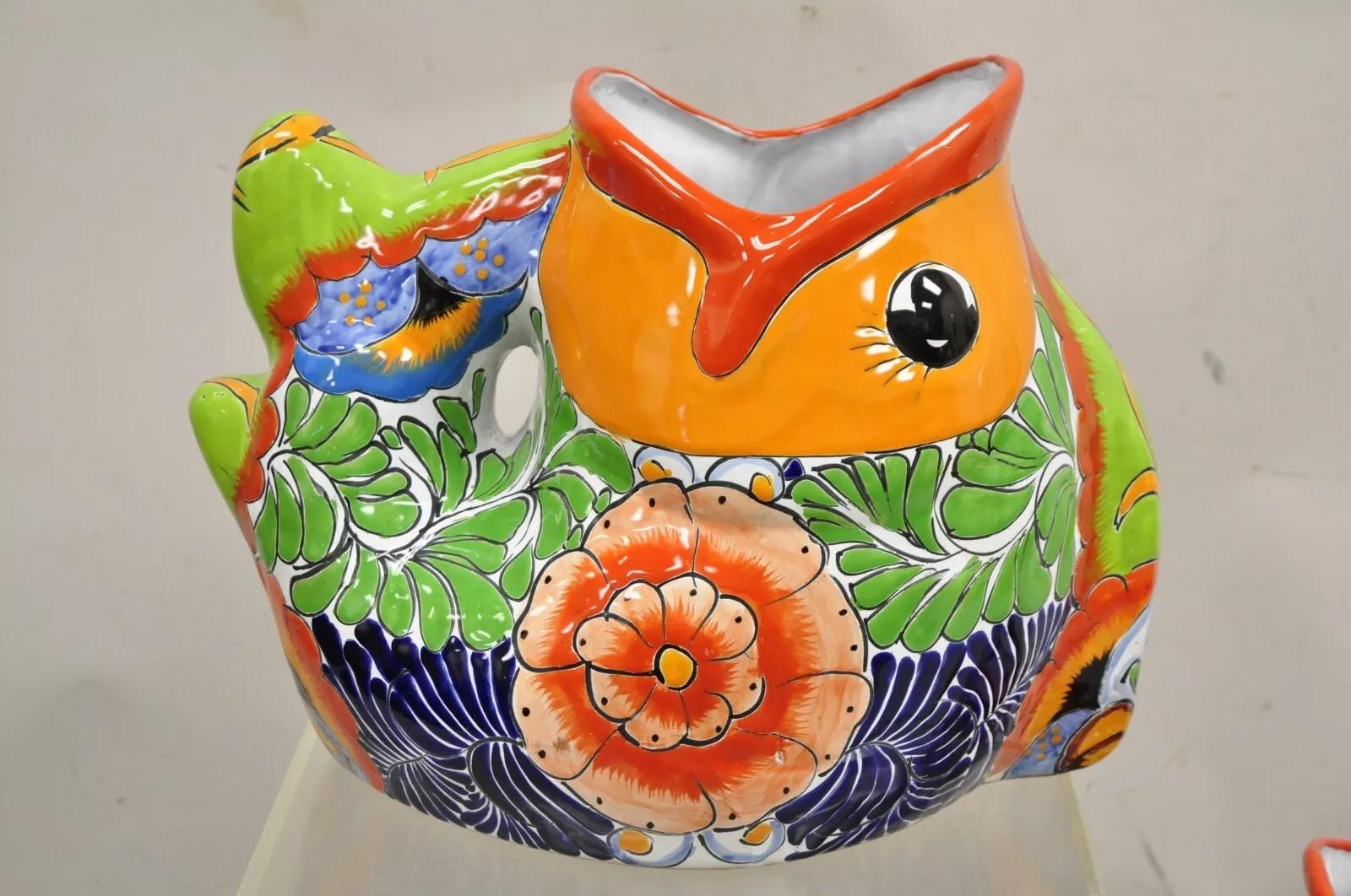 Vintage Mexican Talavera Blue Orange Hand Painted Pottery Fish Planters ...