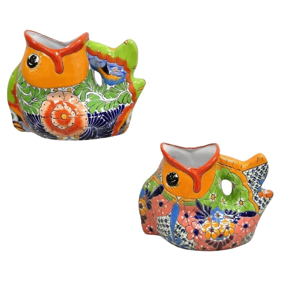 Vintage Mexican Talavera Blue Orange Hand Painted Pottery Fish Planters ...