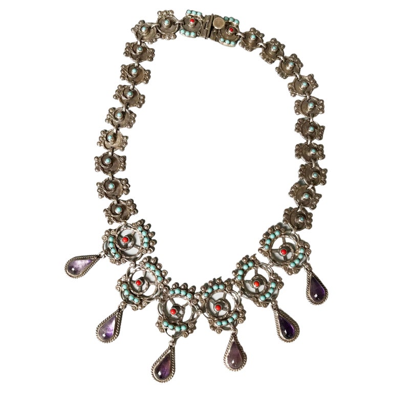 Vintage Mexican Taxco Silver Amethyst Turquoise Necklace For Sale at ...
