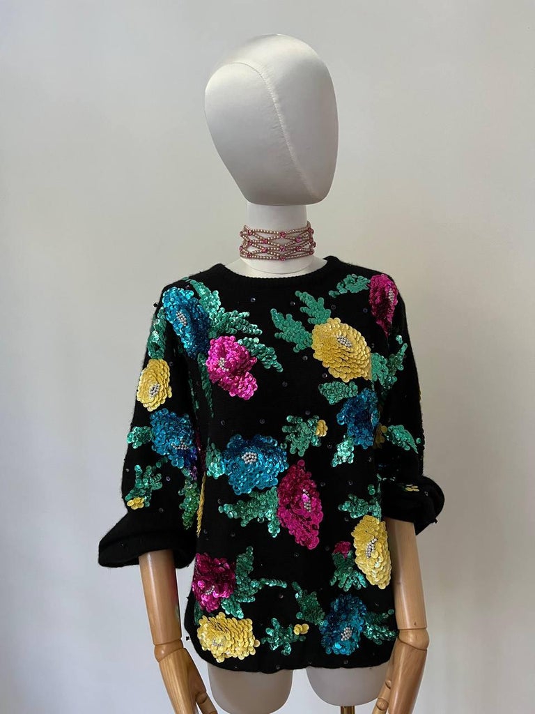 Vintage Michelle Yim for Zimble Sequin Flower Wool Sweater, 1980s For ...