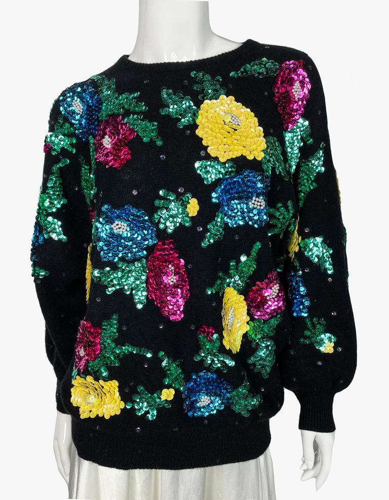 Vintage Michelle Yim for Zimble Sequin Flower Wool Sweater, 1980s For ...
