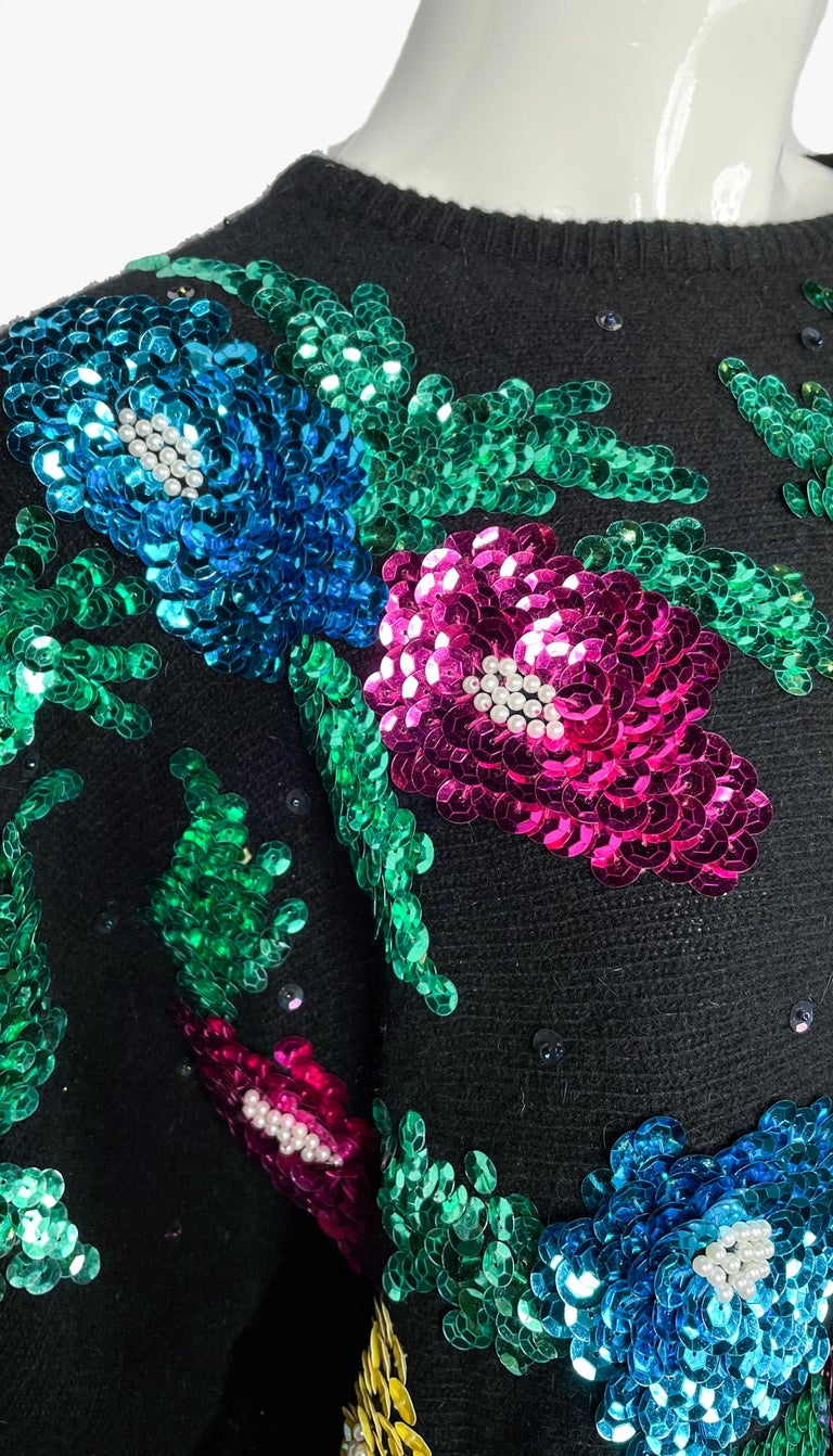 Vintage Michelle Yim for Zimble Sequin Flower Wool Sweater, 1980s For ...