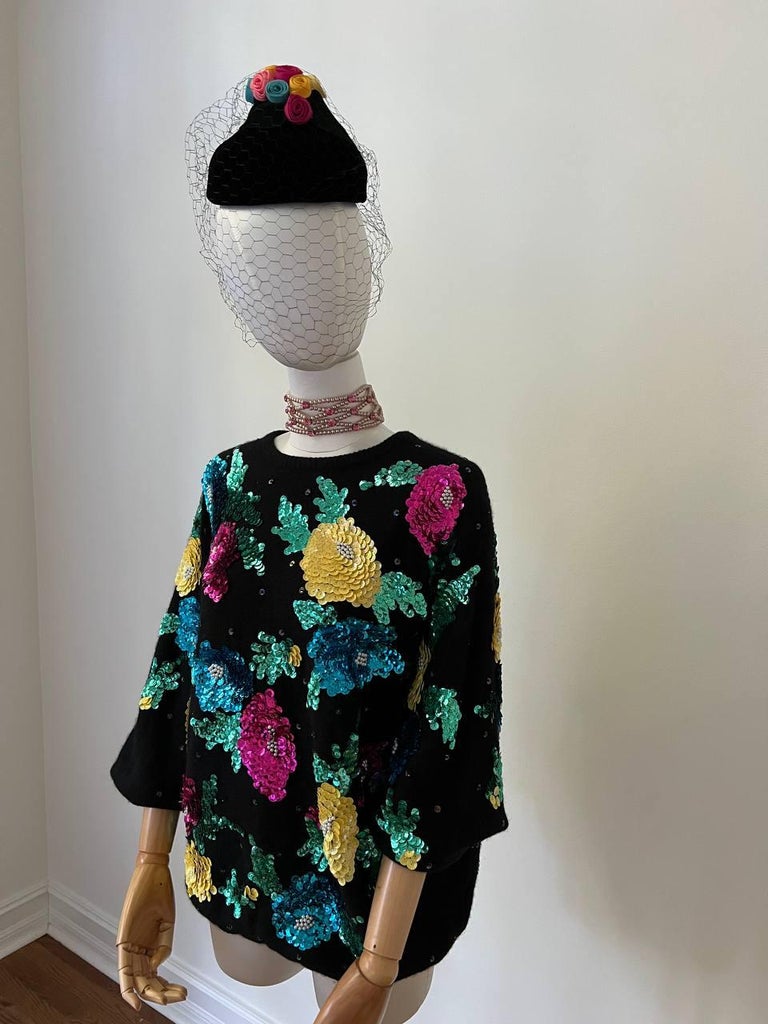 Vintage Michelle Yim for Zimble Sequin Flower Wool Sweater, 1980s For ...