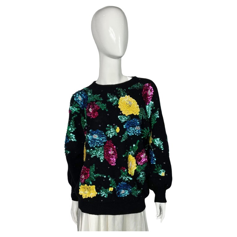 Vintage Michelle Yim for Zimble Sequin Flower Wool Sweater, 1980s For ...