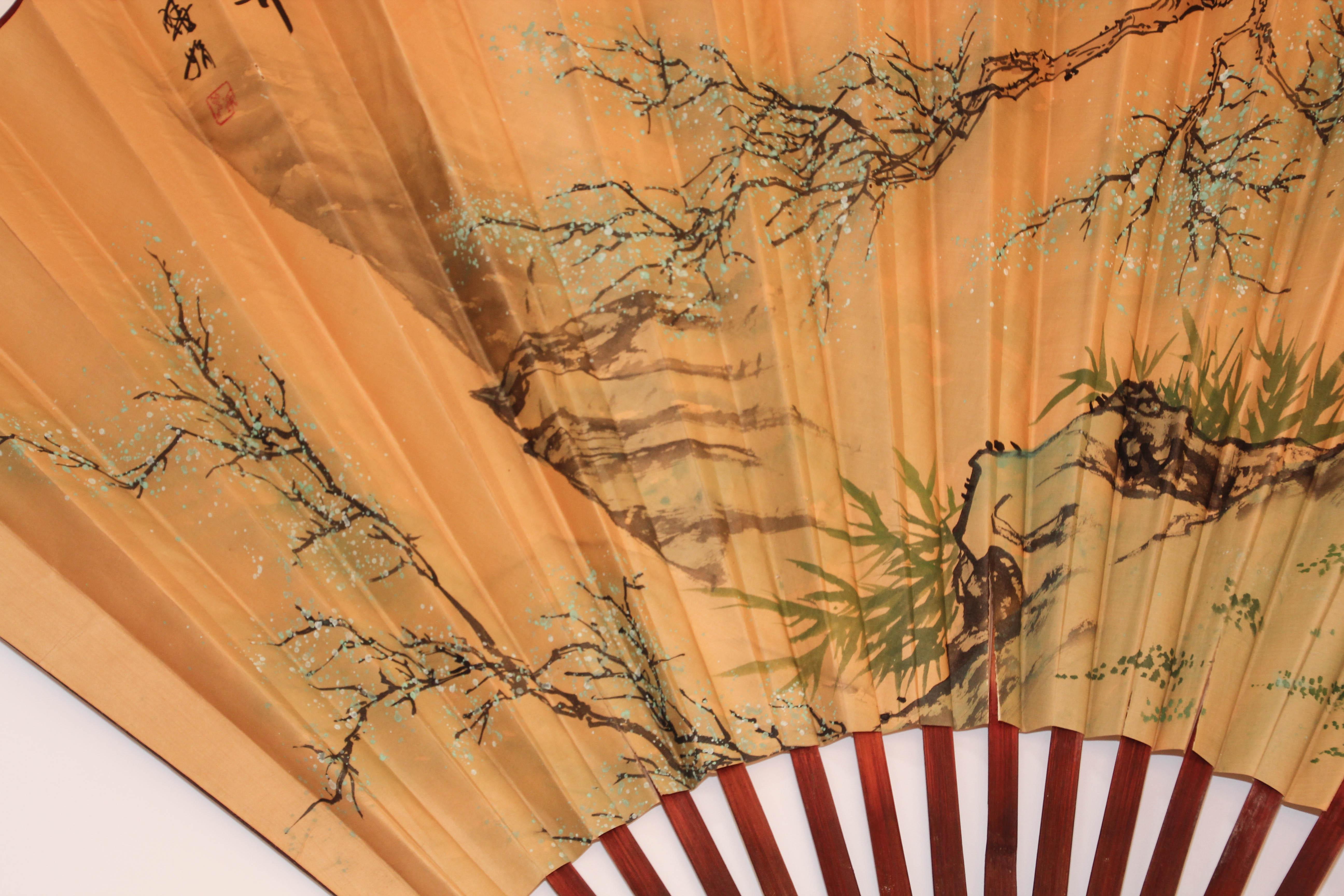 Vintage Mid 20th Century Asian Hand Painted Folding Large Wall Fan Wall ...