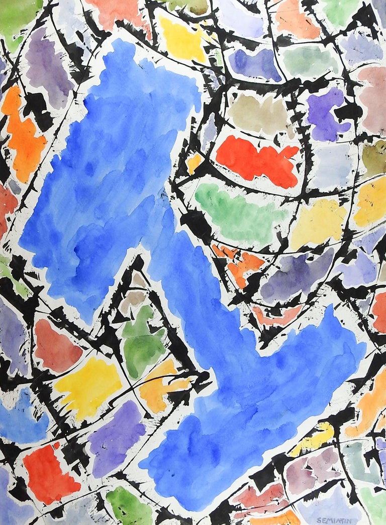 Vintage Mid 20th Century Blue Color Block Abstract Watercolor Painting ...