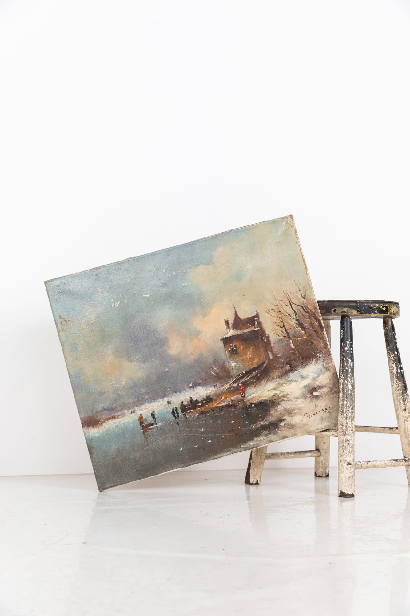 Vintage Mid 20th Century Oil on Canvas Winterscape Painting. c.1940 For ...