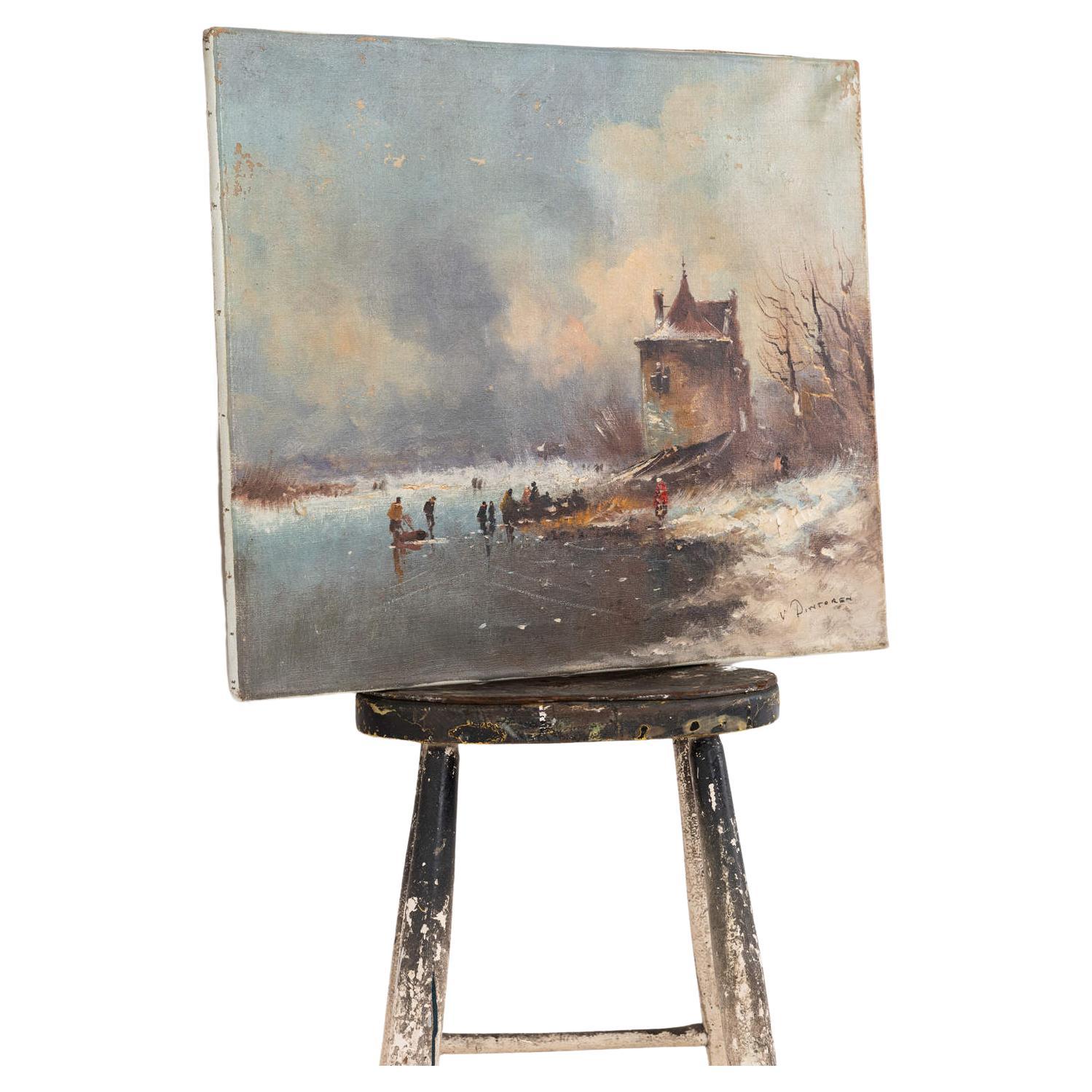 Vintage Mid 20th Century Oil on Canvas Winterscape Painting. c.1940 For ...